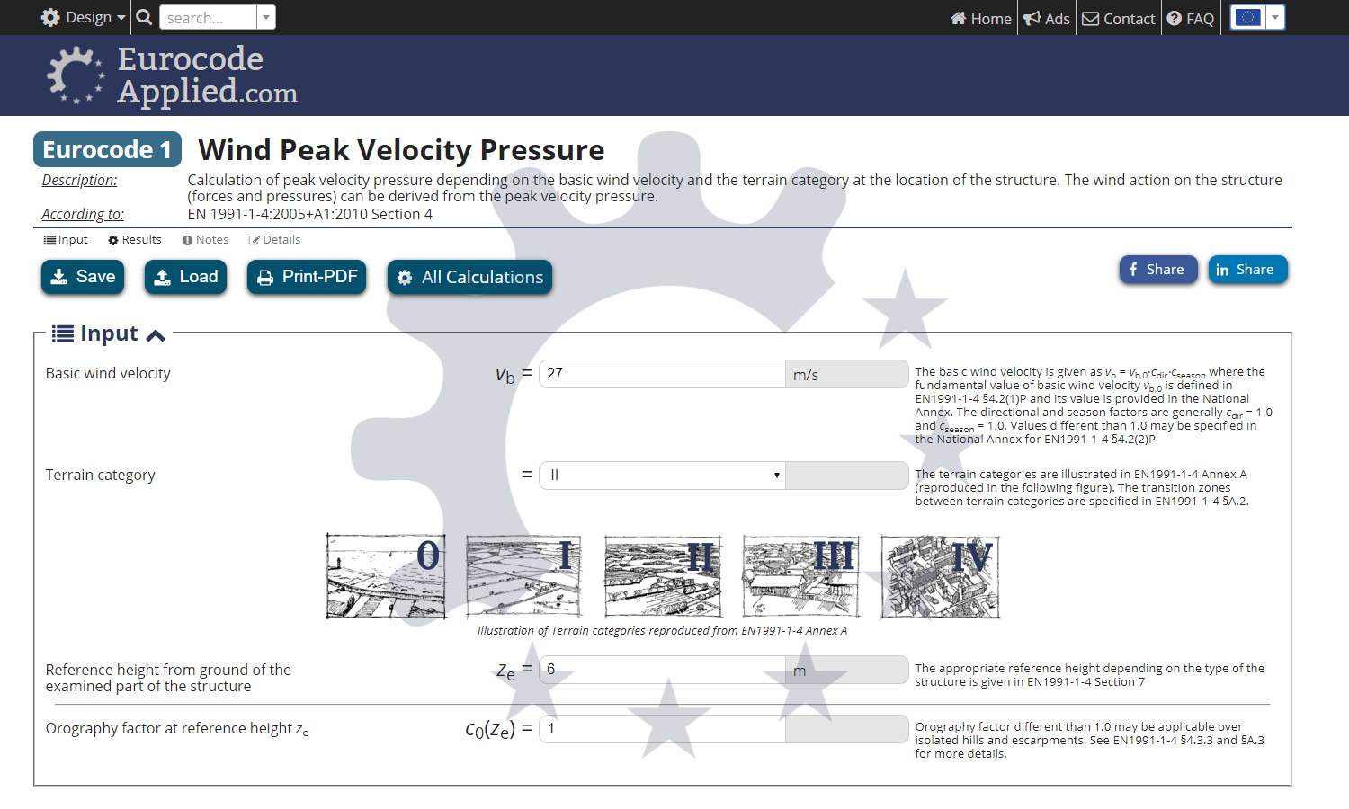 Calculation of wind peak velocity pressure - Eurocode 1